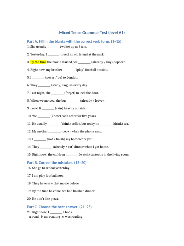 A1 Mixed Tense Grammar Test | PDF