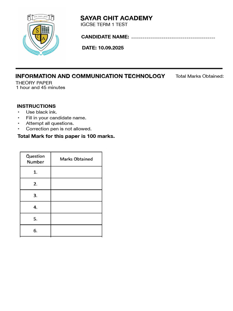 IGCSE ICT Theory Test Paper 2025 | PDF