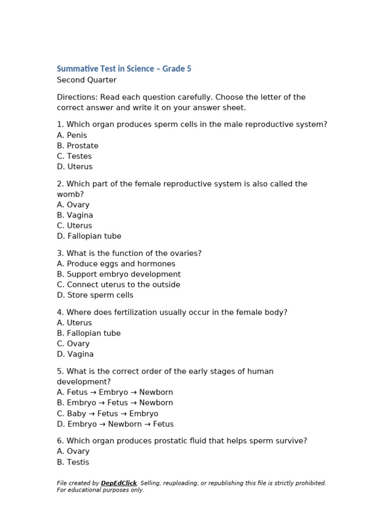 Grade 5 Science Summative Test Q2 | PDF | Human Reproduction ...