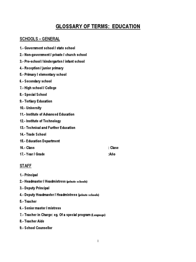 Glossary of Terms | PDF | Secondary School | Primary Education