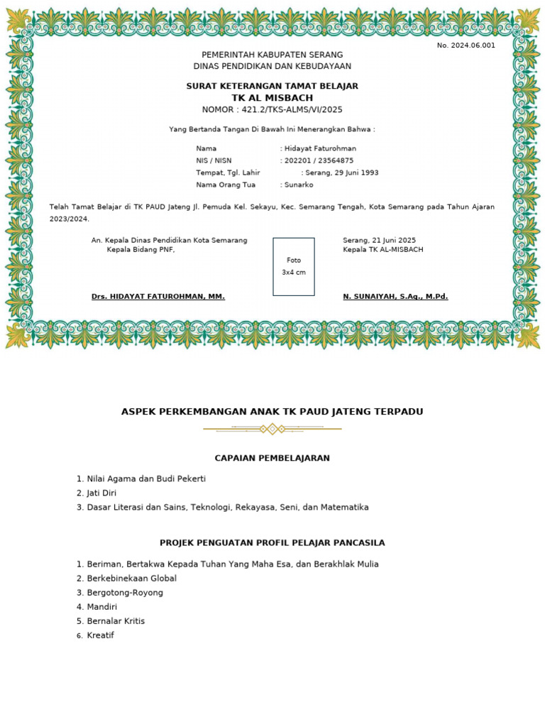 SKTB Ijazah Paud 3 | PDF