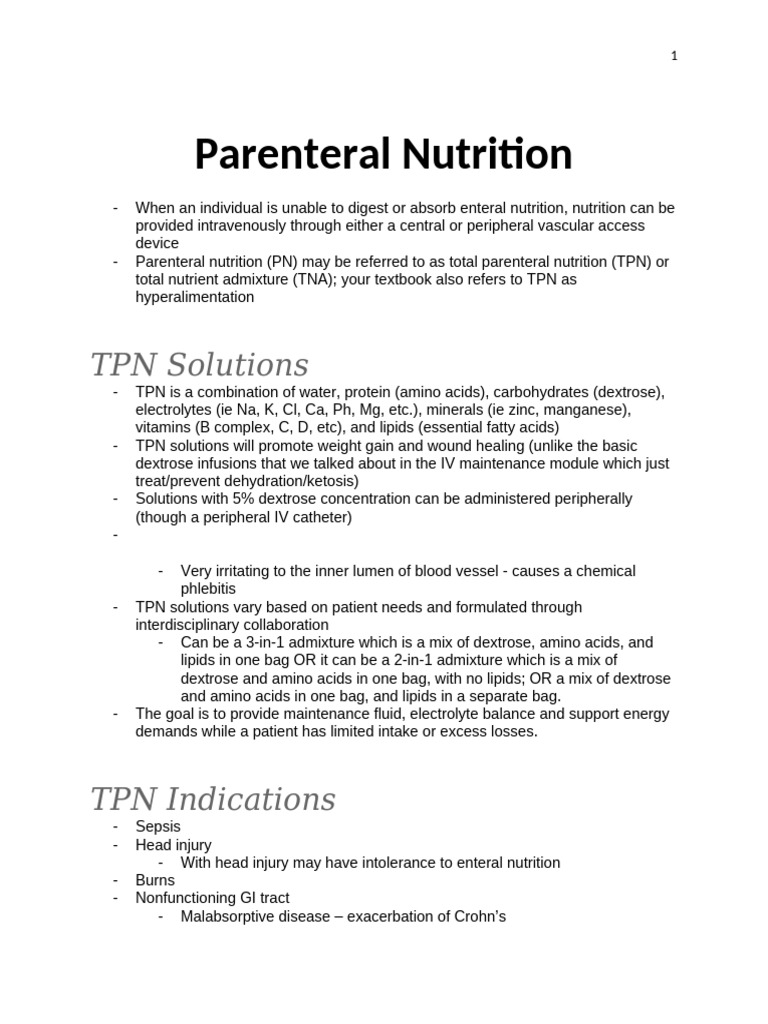 Total Parenteral Nutrition Notes | PDF | Intravenous Therapy | Medical ...