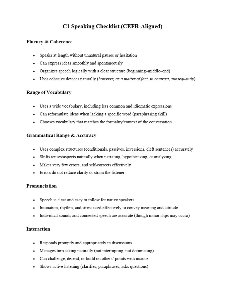 C1 Speaking and Listening Checklist | PDF