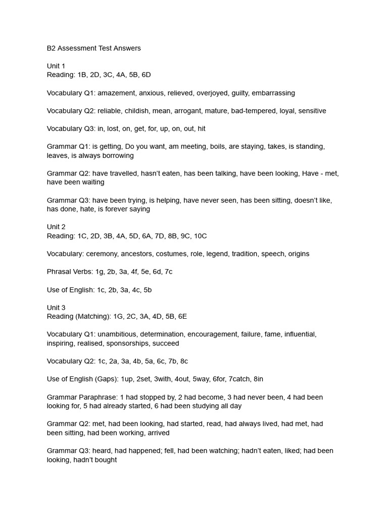 B2 Assessment Test Answer Key | PDF | Linguistics