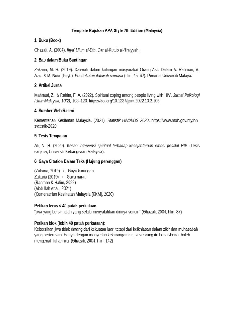 Template Rujukan APA Style 7 Malaysia | PDF