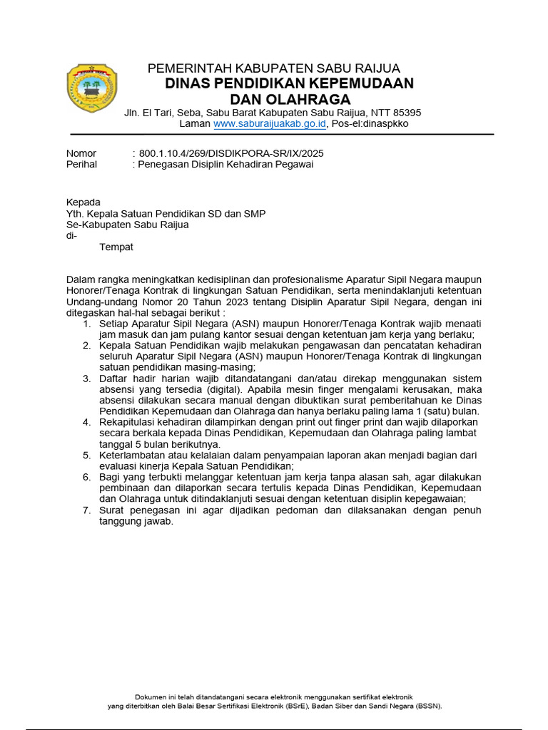 Penegasan Disiplin Kehadiran ASN Sabu Raijua | PDF