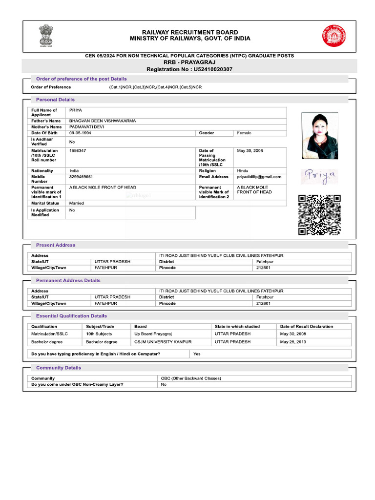 RRB NTPC Final Submission Form | PDF