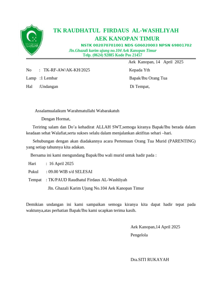 Undangan Parenting TK Raudhatul Firdaus | PDF