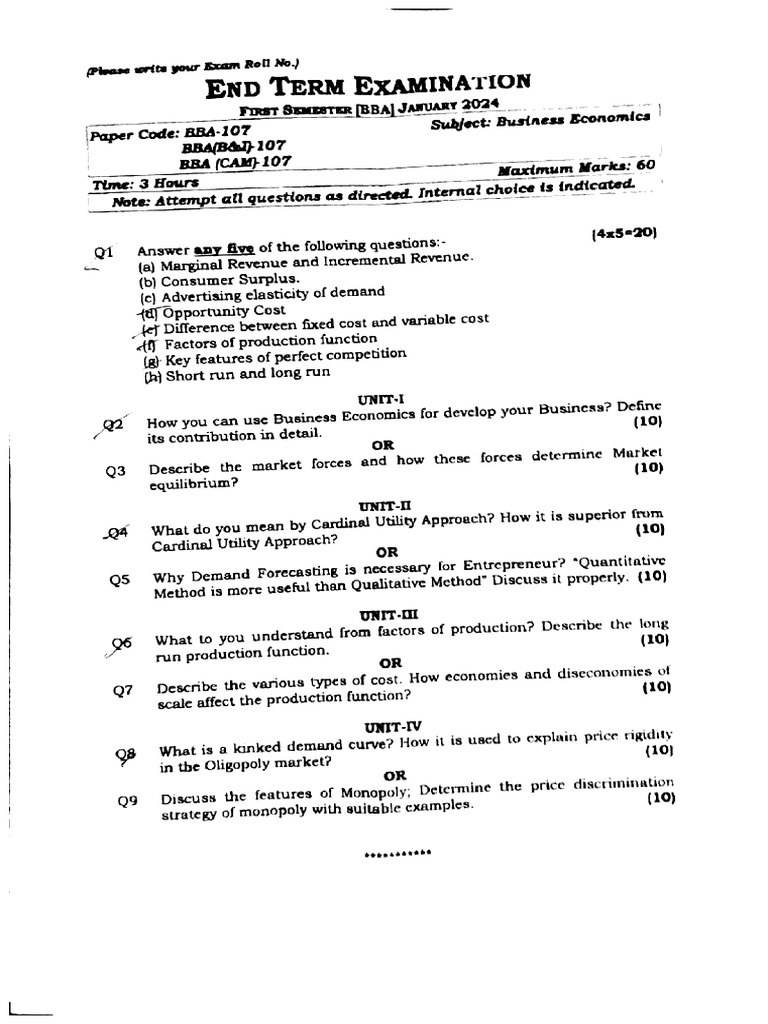 Bba 1 Sem Business Economics Bba 107 Jan 2024 | PDF