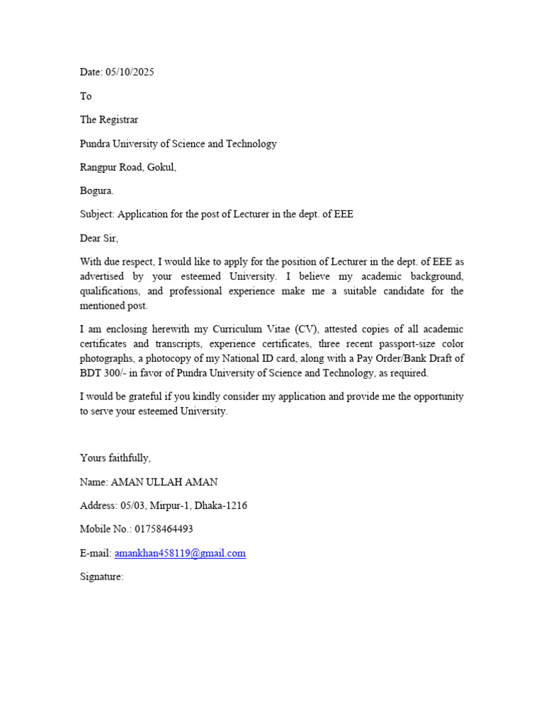 Application Letter PUST | PDF