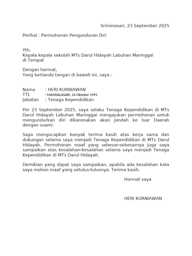 Surat Pengunduran Diri HERI | PDF