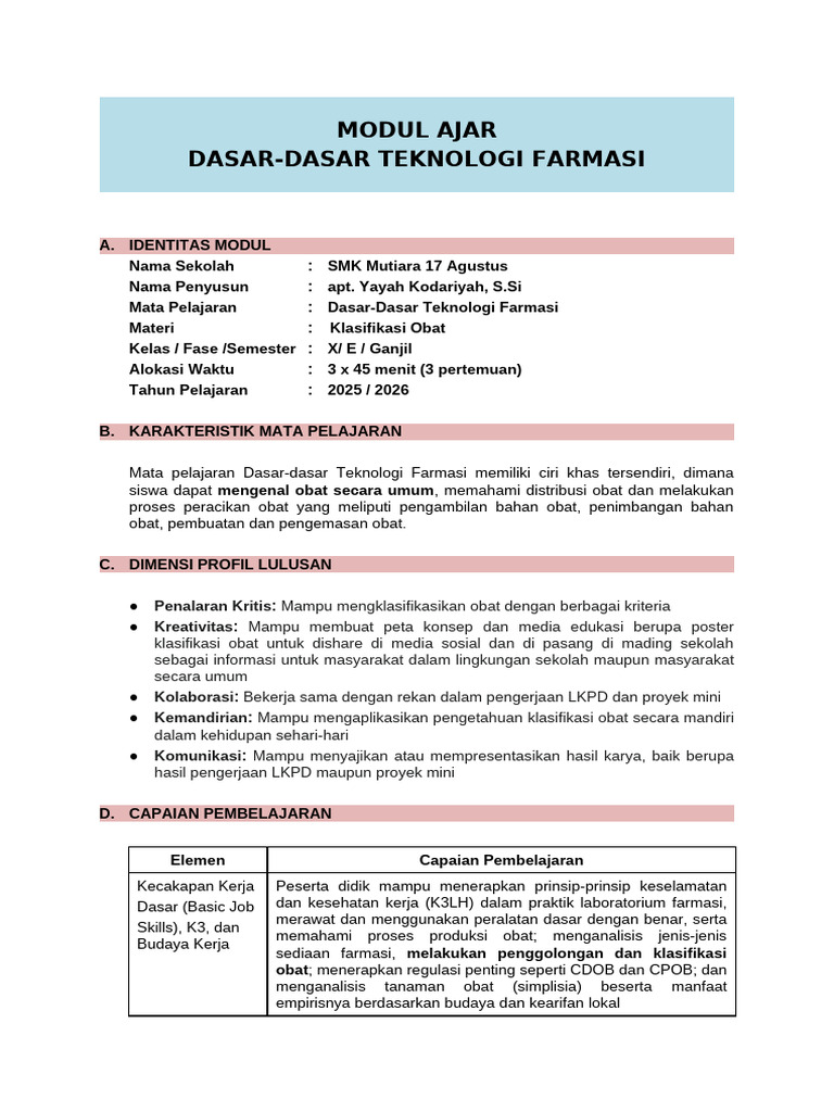 Modul Ajar Klasifikasi Obat On Progress | PDF