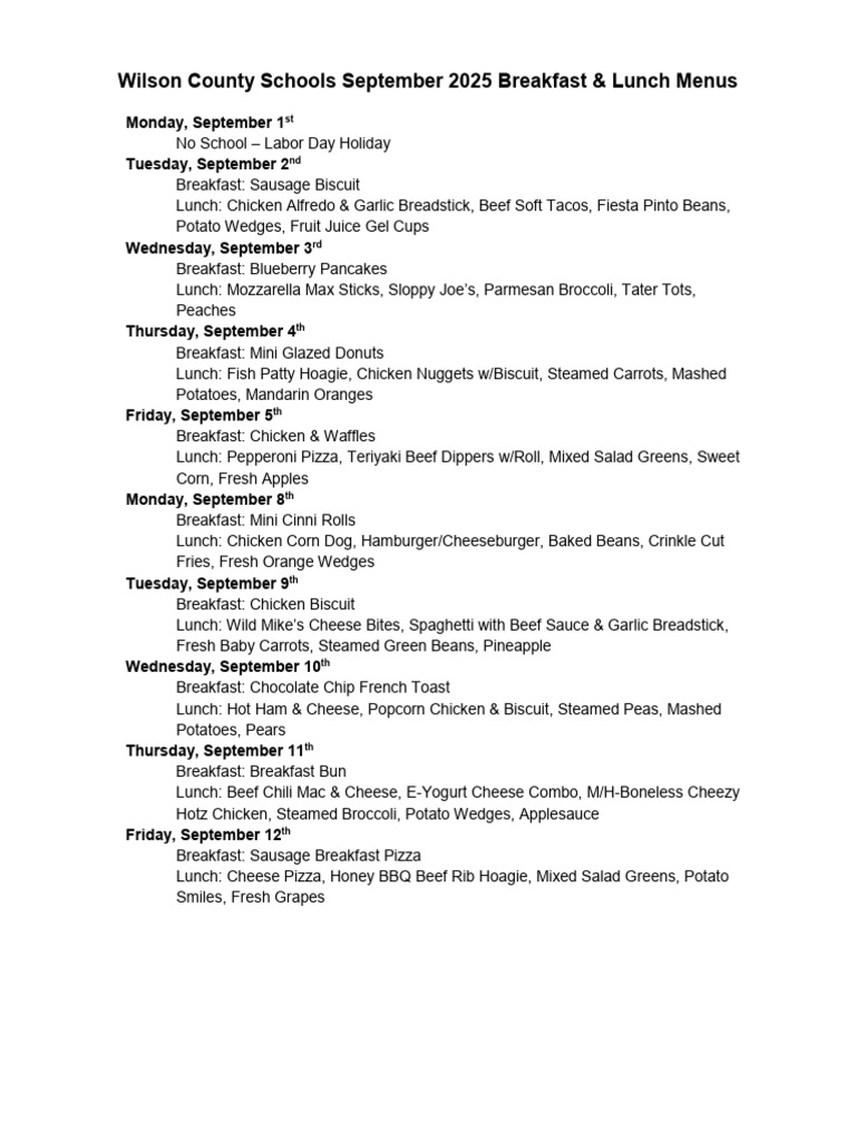 Wilson County Schools Lunch Menu Sept 2025 | PDF | Lunch | Pancake