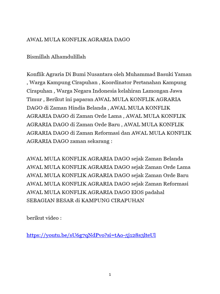 ANALISA Awal Mula Konflik Agraria Dago Oleh Muhammad Basuki Yaman | PDF