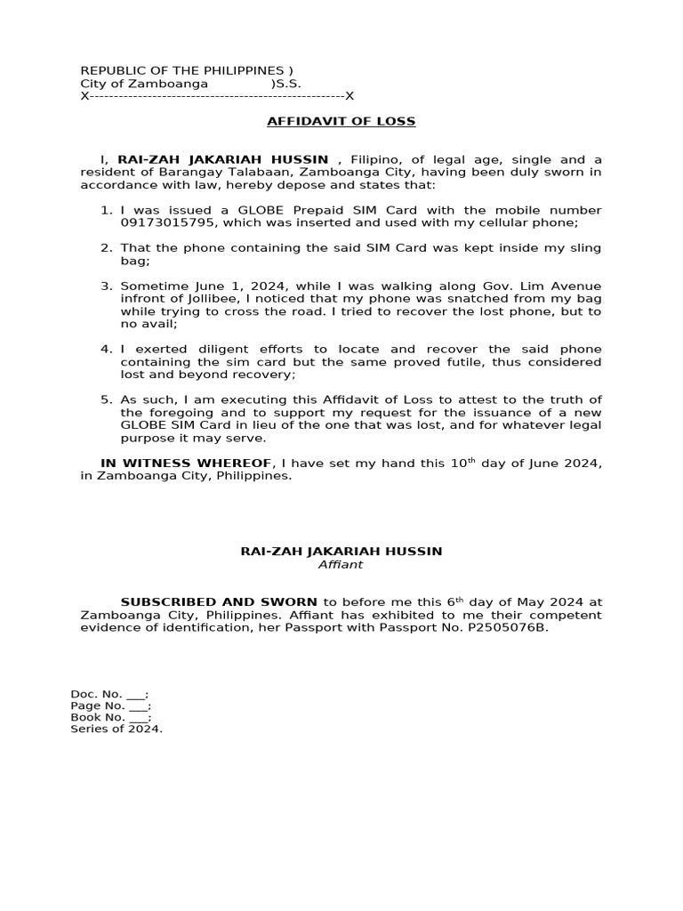 Affidavit of Loss for GLOBE SIM Card | PDF