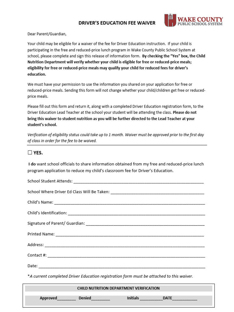 DRIVER ED. Waiver Application 2018 | PDF