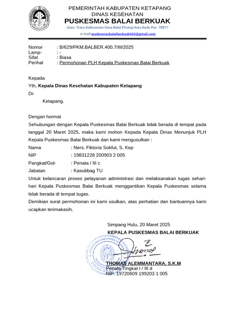 Permohonan PLH Kepala Puskesmas | PDF