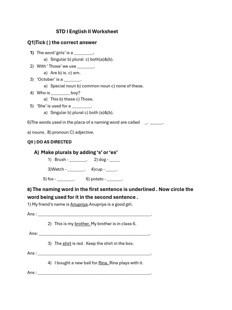 Std 1 English Worksheet with Answers | PDF | Grammatical Number | Plural
