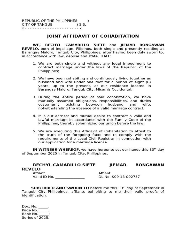 Joint Affidavit of Cohabitation Philippines | PDF