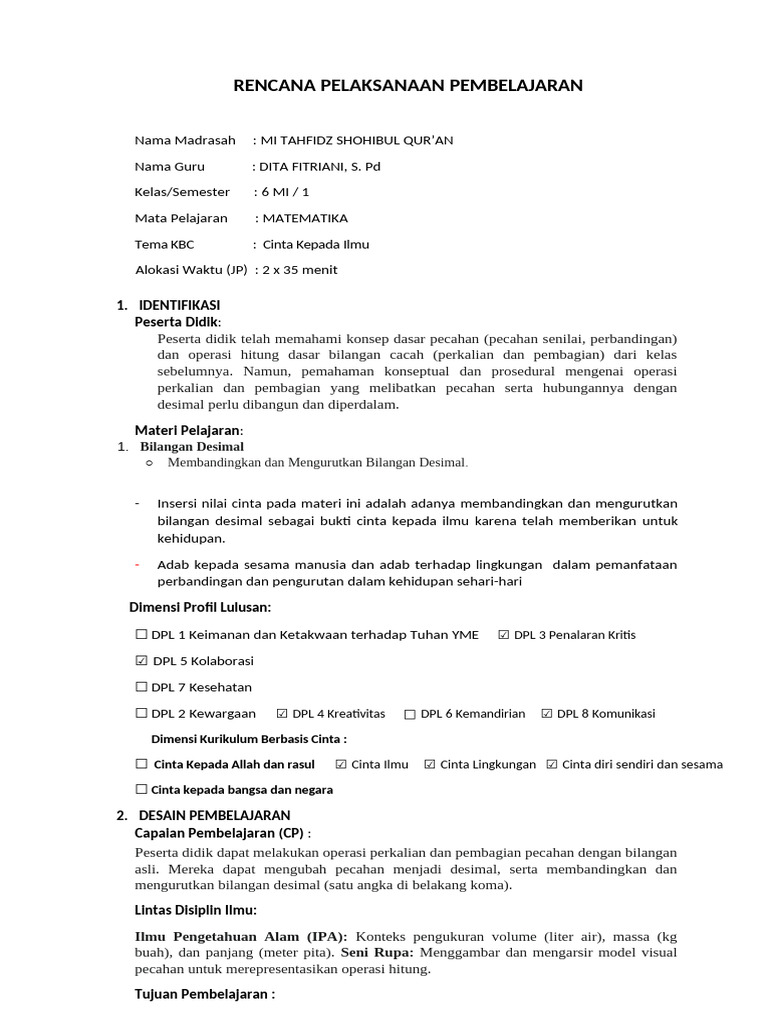 Contoh RPP MTK 6 MI - Dengan PM Dan KBC - Revisi Ok | PDF
