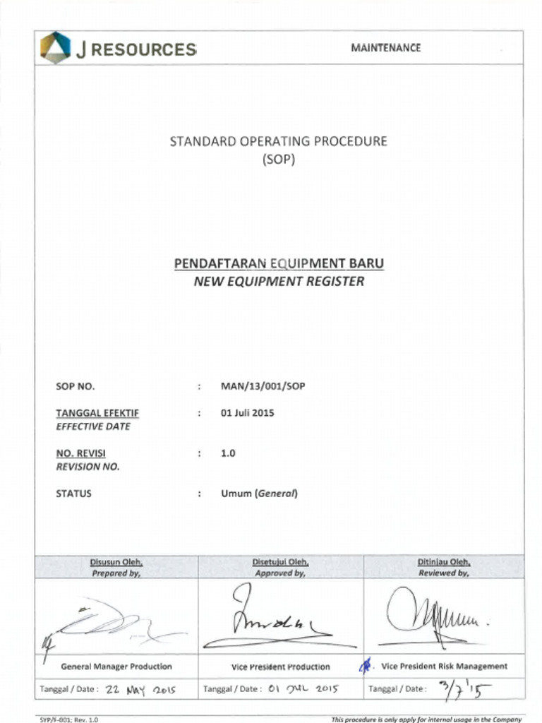 SOP - Man.13.001 Rev 1.0 - Pendaftaran Equipment Baru | PDF