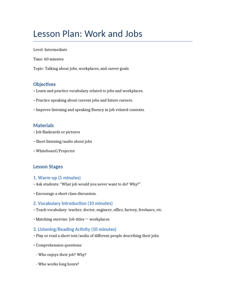 Work and Jobs Lesson Plan | PDF