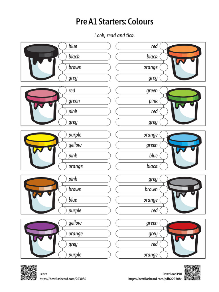 Quiz - Pre A1 Starters - Colours | PDF