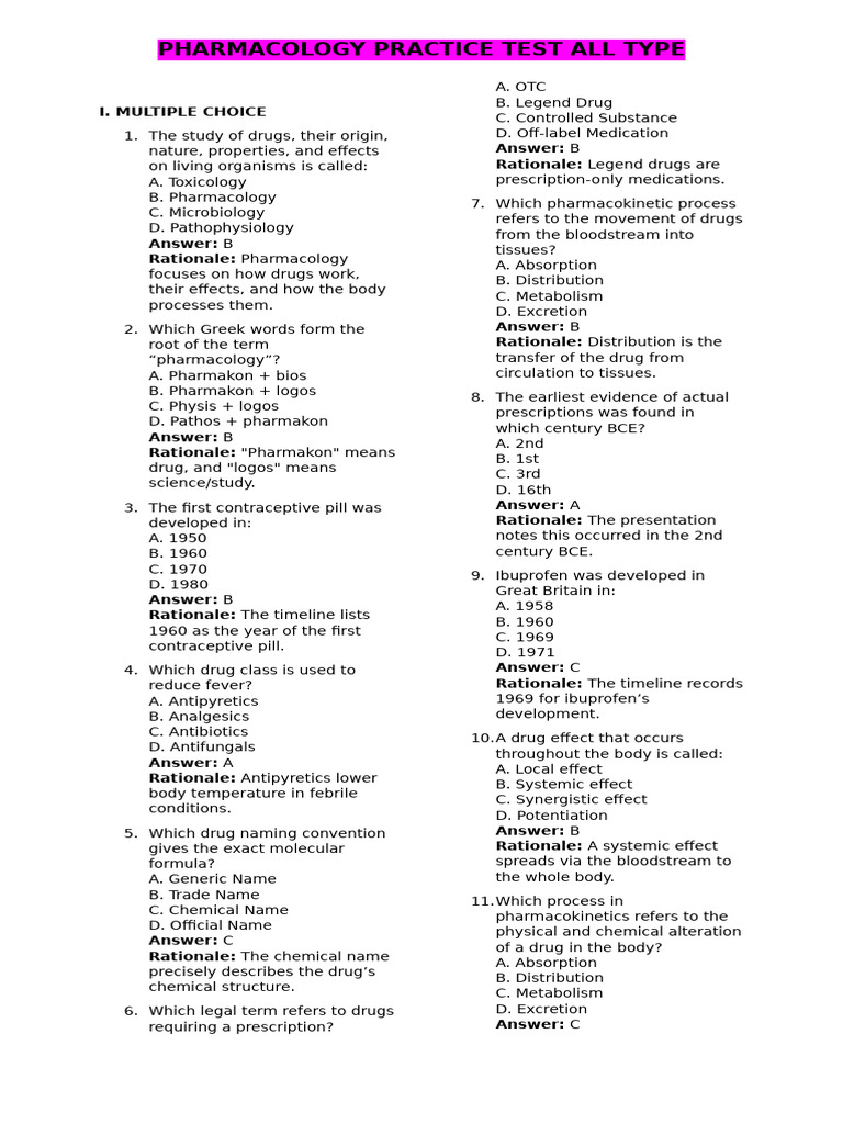 Pharmacology Practice Test Questions | PDF | Pharmacology ...