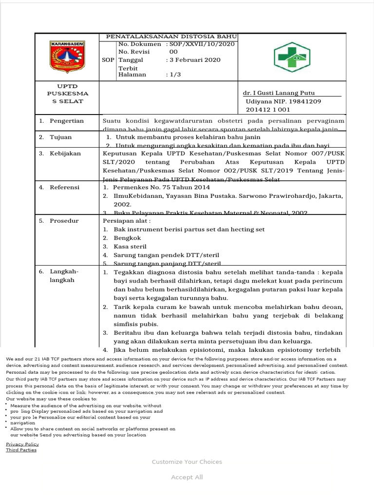 Penatalaksanaan Distosia Bahu pada Persalinan | PDF