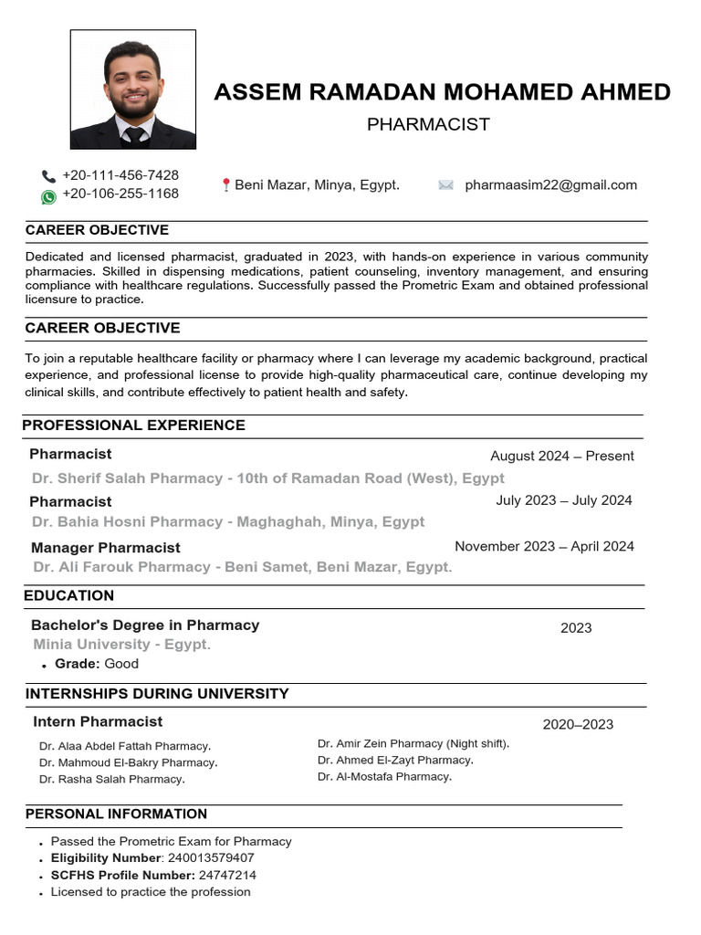 Assem Ramadan Mohamed Ahmed CV | PDF | Pharmacy | Pharmacist