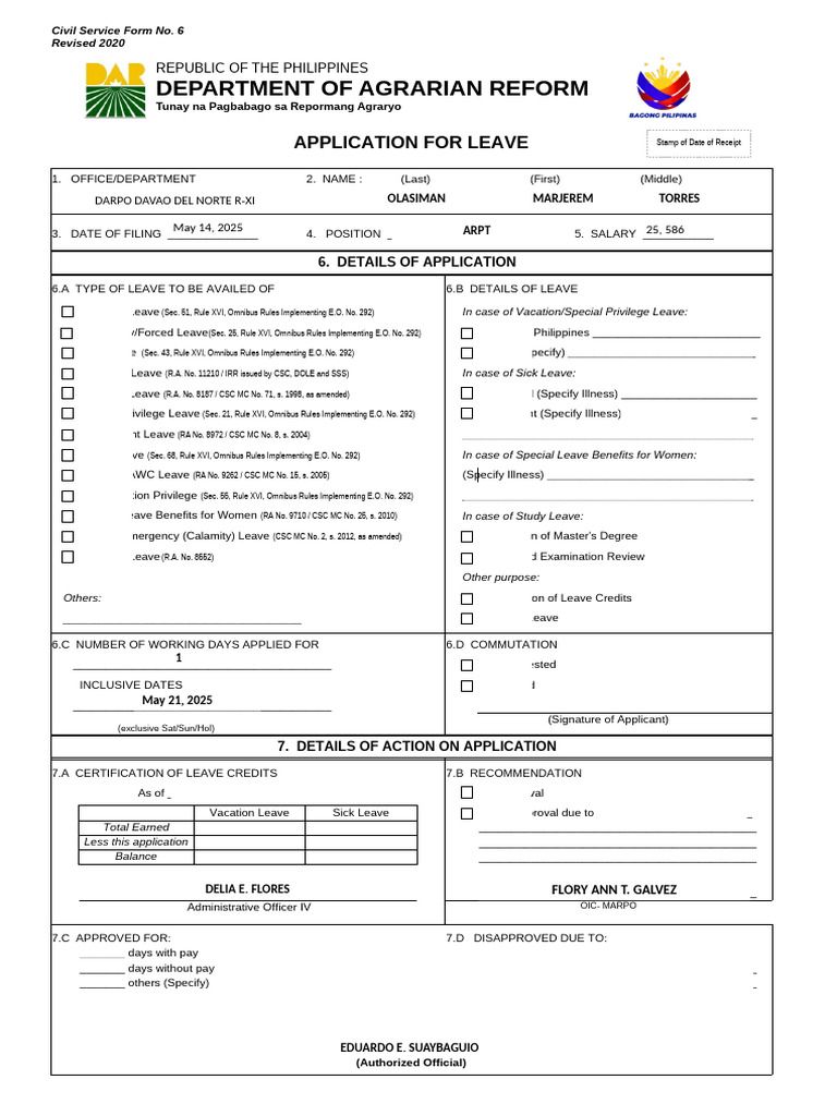 STO-HRF-CS Form No. 6, Revised 2020 (Application For Leave) (Fillable ...