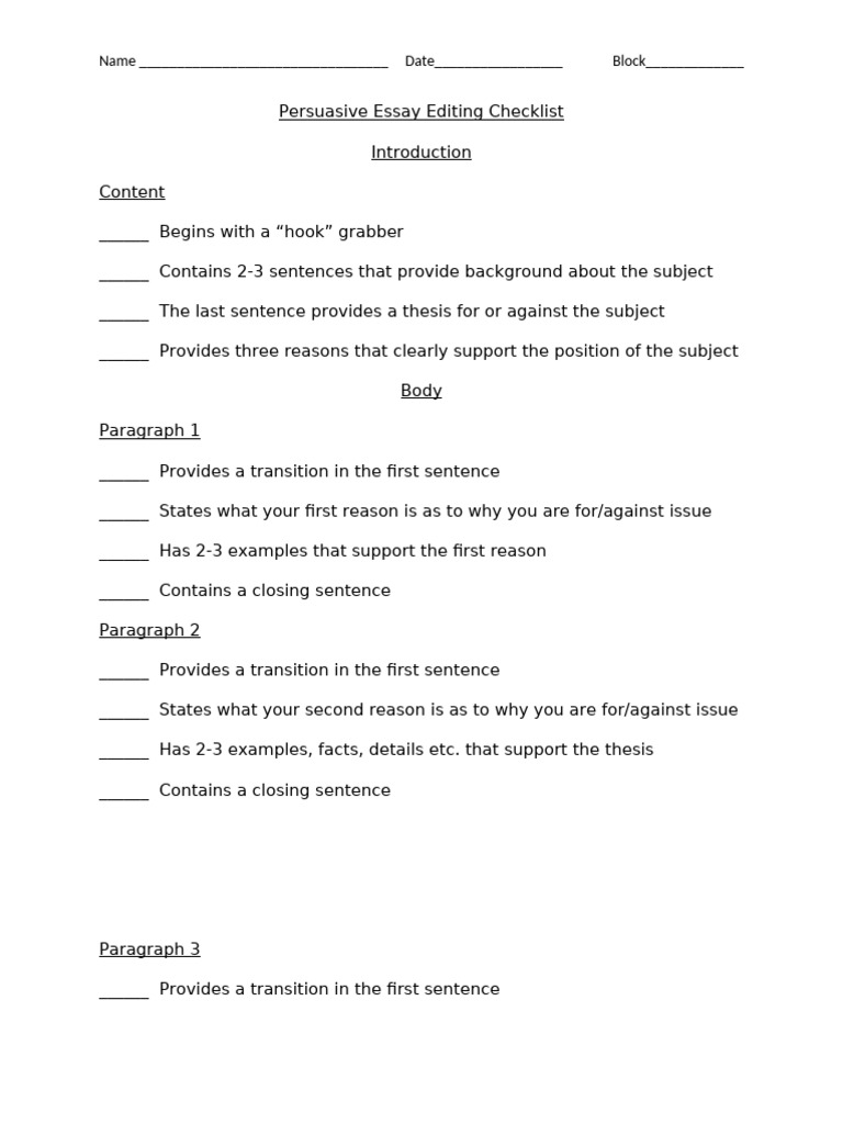 Persuasive Essay Editing Checklist | PDF