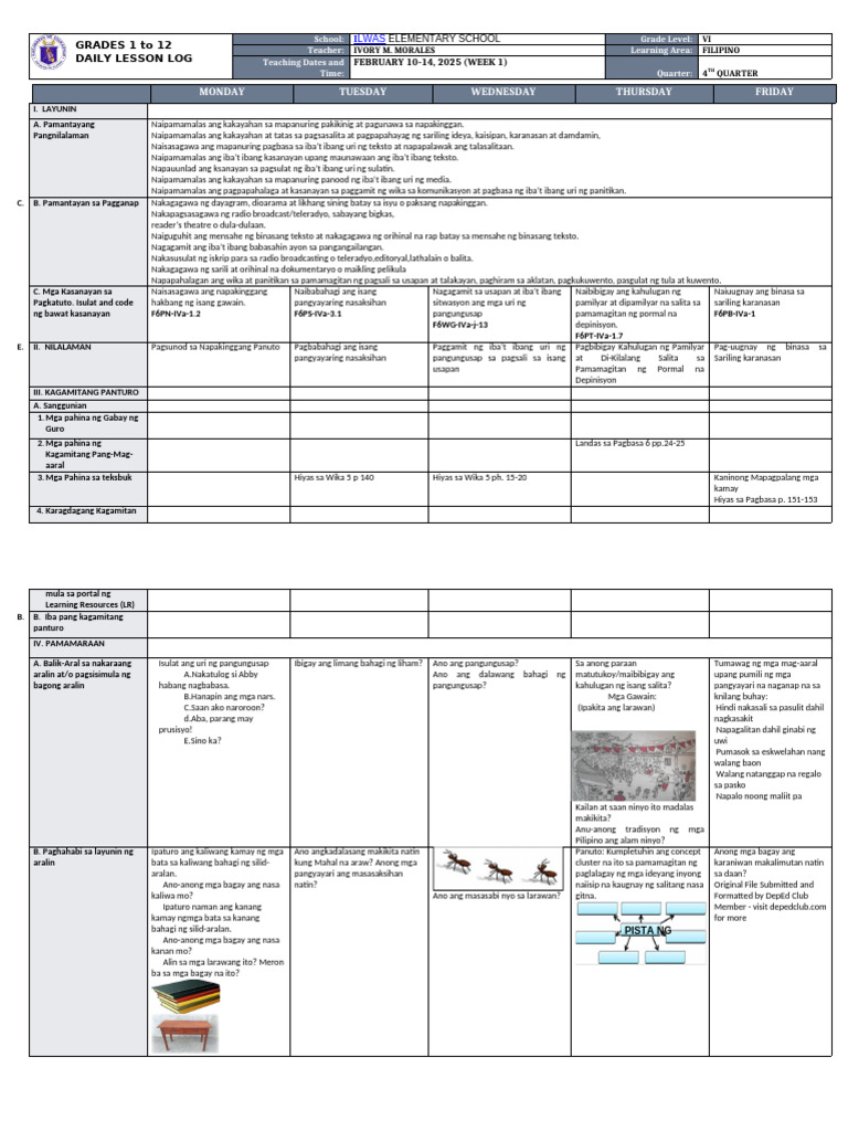 DLL Filipino 6 q4 w1 | PDF