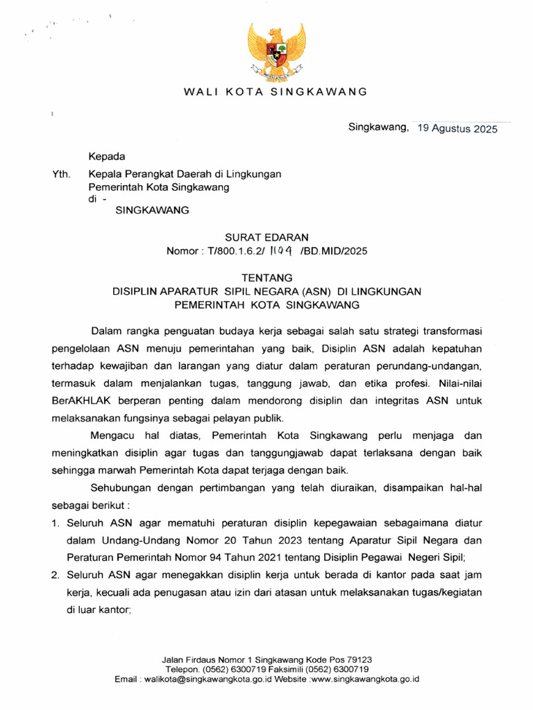 Surat Edaran Disiplin ASN Kota Singkawang | PDF