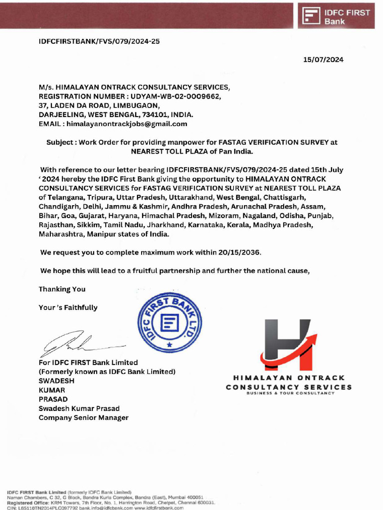 Order From Idfc First Bank For Fastag Verification Survey | PDF