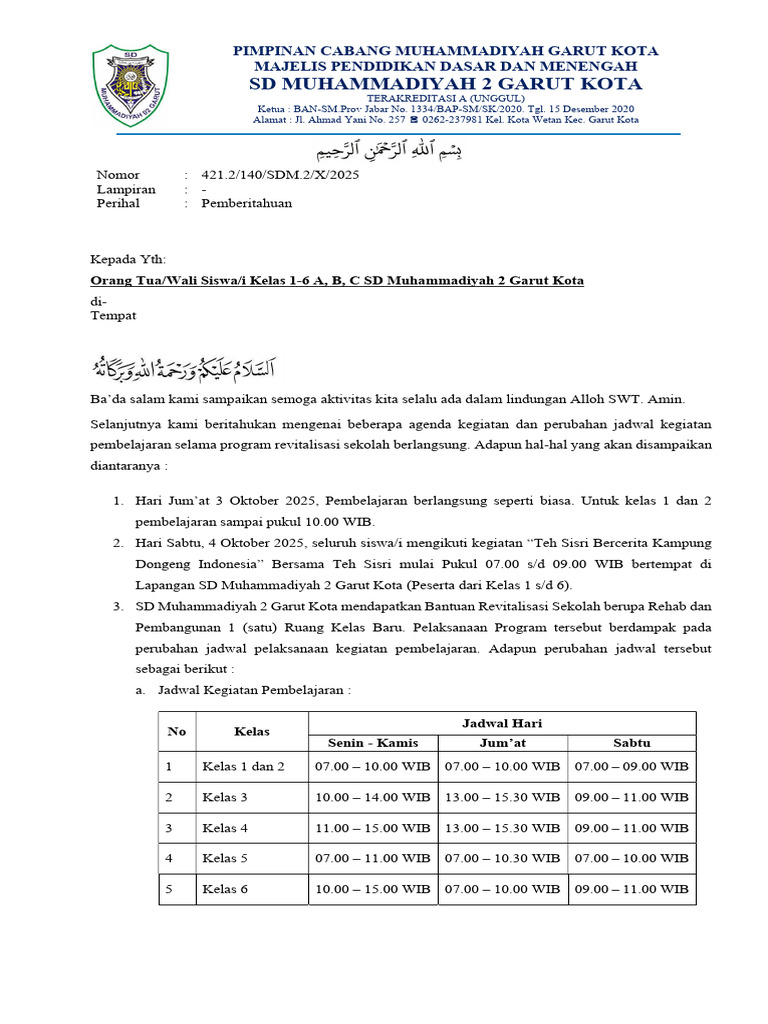 Surat Pemberitahuan Perubahan Jadwal KBM Selama Revit | PDF