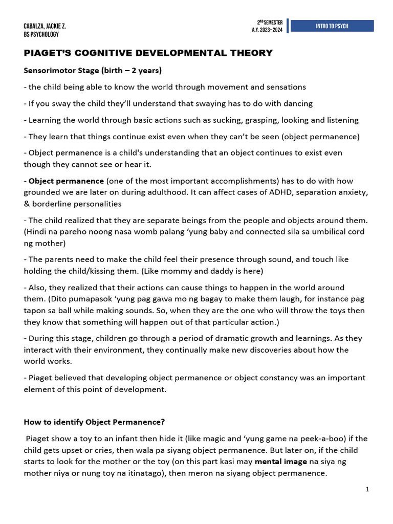 Piaget's Cognitive Developmental Theory | PDF | Thought | Reason