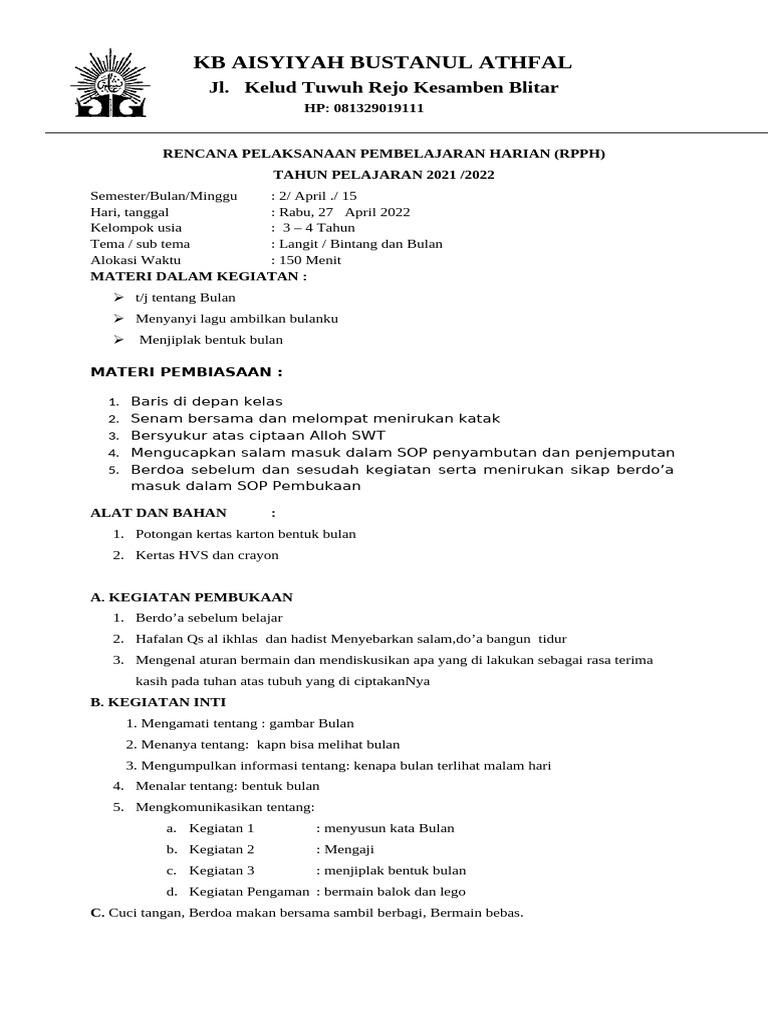 Contoh RPPH PAUD - Rabu | PDF