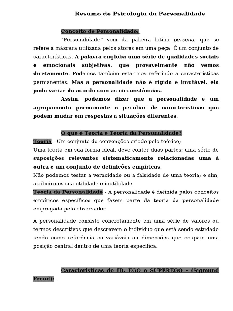 Resumo - Psicologia Da Personalidade | PDF | Autoimagem | Ciências ...