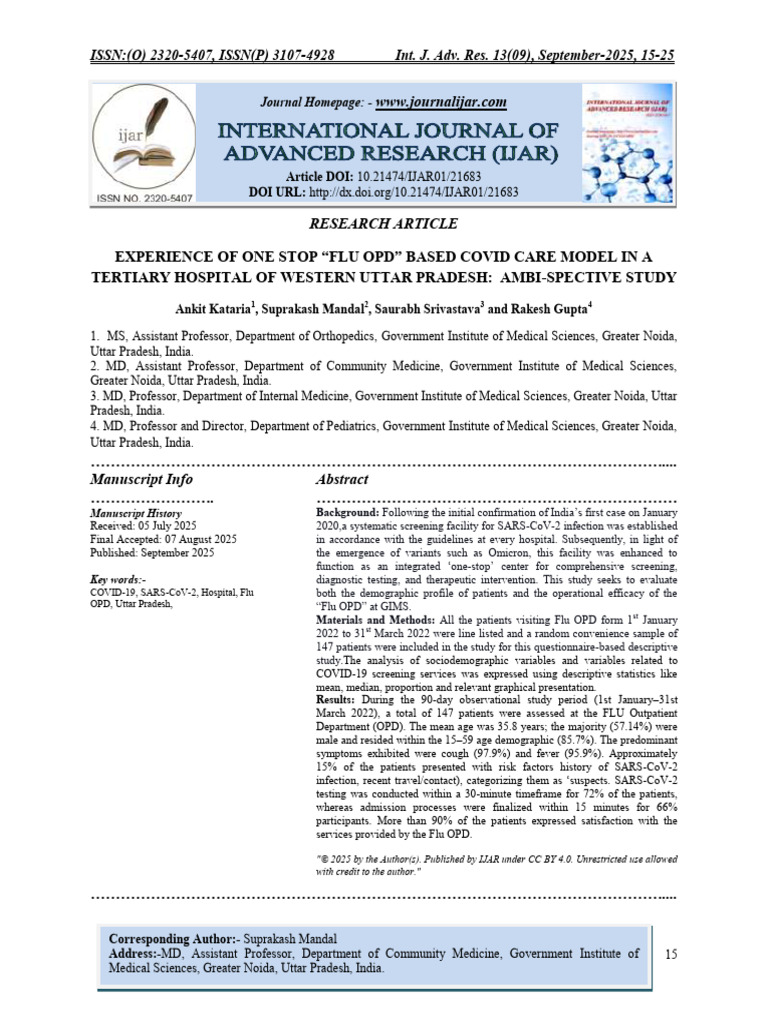 Experience of One Stop Flu Opd Based Covid Care Model in A Tertiary ...