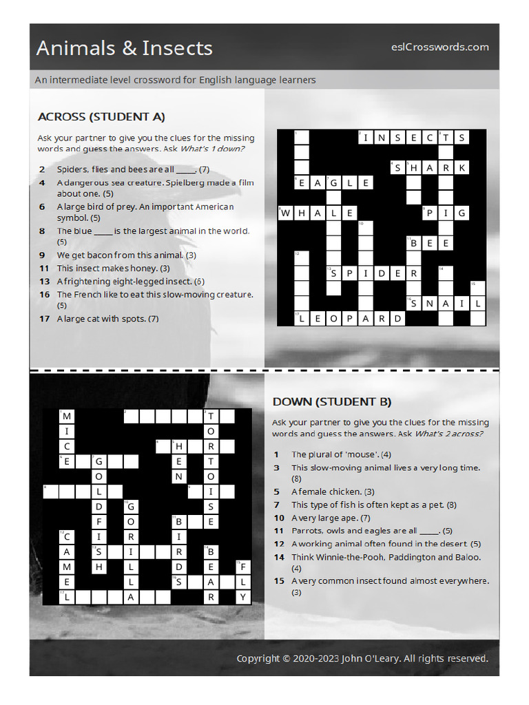 Advanced Animals Crossword ESL | PDF
