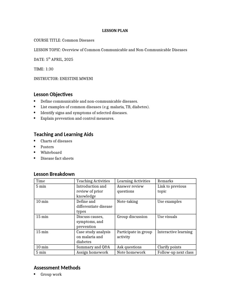 Lesson Plan Common Diseases | PDF
