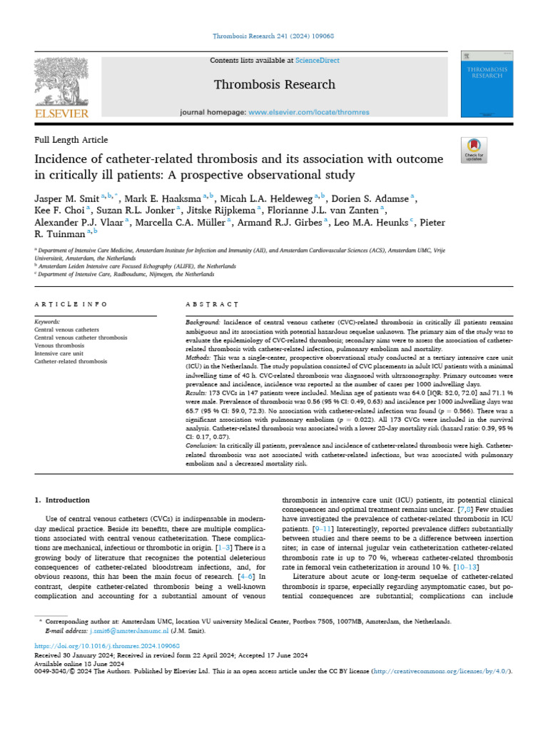 Incidence of Catheter-Related Thrombosis and Its Association With Outcome in Critically Ill ...