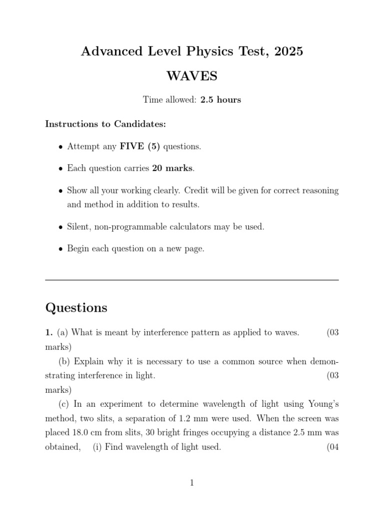 Advanced Physics Waves Test 2025 | PDF | Wavelength | Diffraction