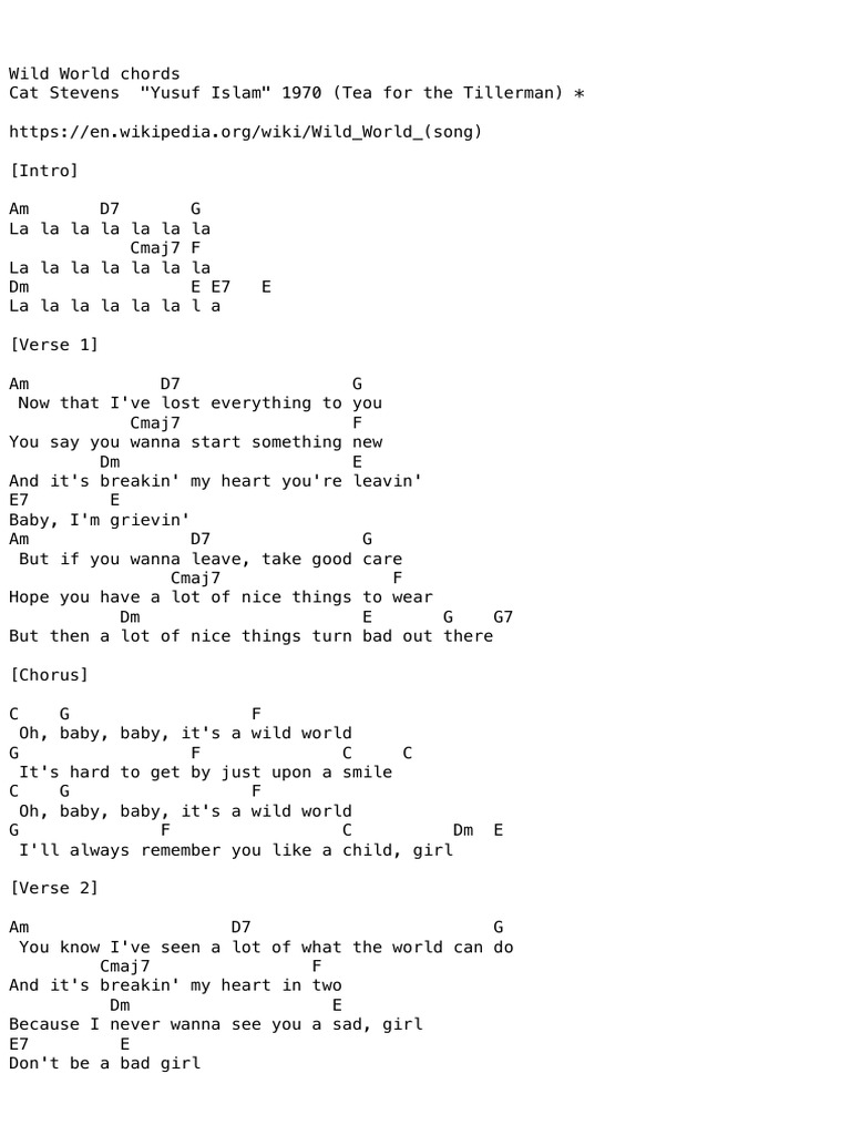 Wild World Chords by Cat Stevens | PDF | Songs Written | British Pop Songs