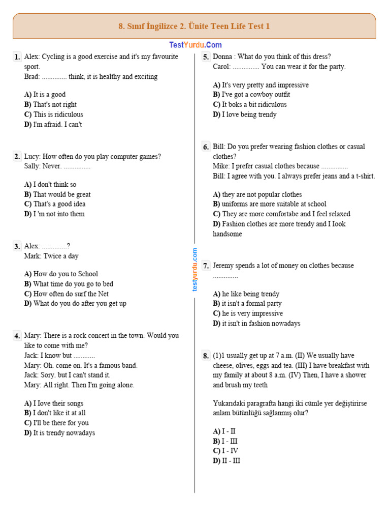8. Sınıf İngilizce Teen Life Test 1 | PDF | Chess Theory