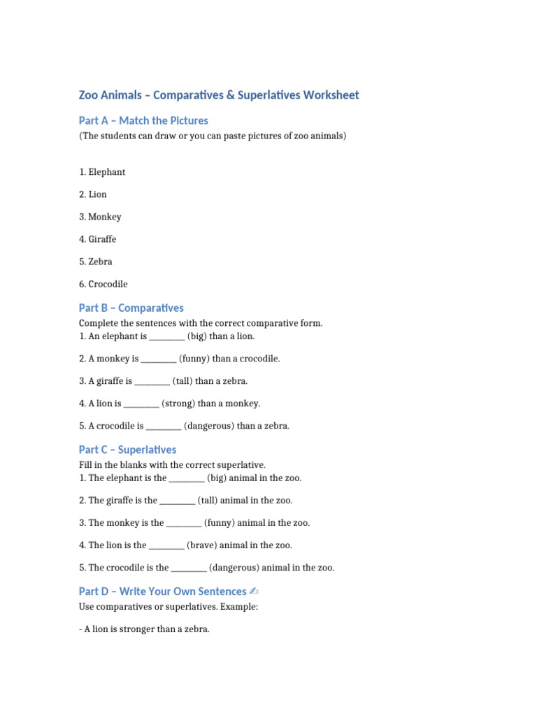 Zoo Animals Comparatives Superlatives | PDF
