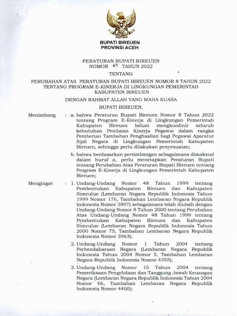 PERBUP NO 67 TAHUN 2022 Tentang Perubahan Atas Peraturan Bupati Bireuen ...