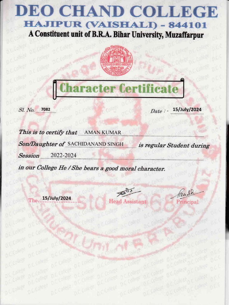 12th Character Certificate | PDF