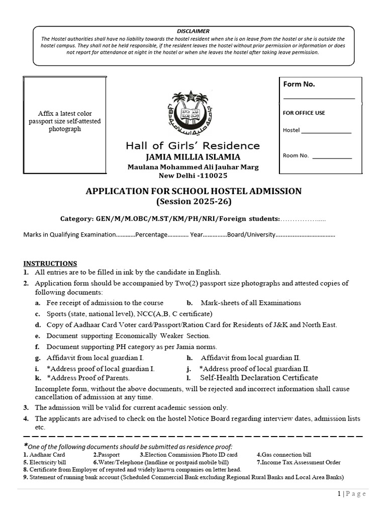 Jamia Millia Islamia Hostel Admission Form | PDF